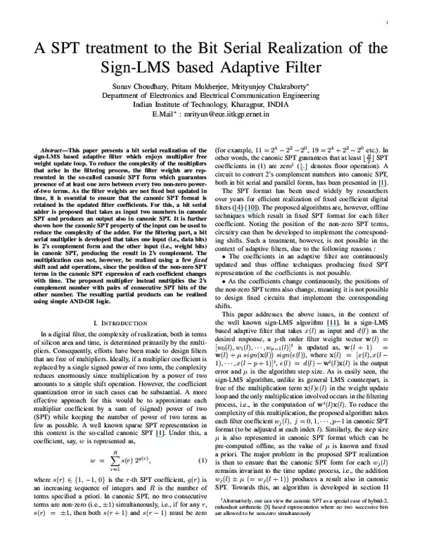 Pdf A Spt Treatment To The Bit Serial Realization Of The Sign Lms Based Adaptive Filter