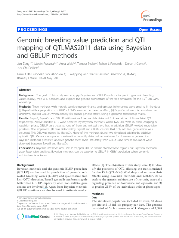 Pdf Genomic Breeding Value Prediction And Qtl Mapping Of Qtlmas2010 Data Using Bayesian Methods