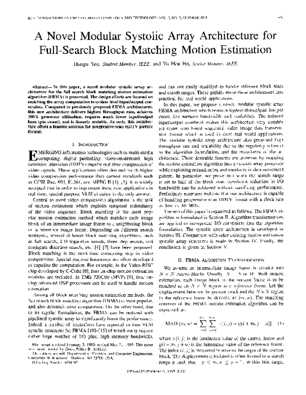 Pdf A Novel Modular Systolic Array Architecture For Full Search Block Matching Motion Estimation