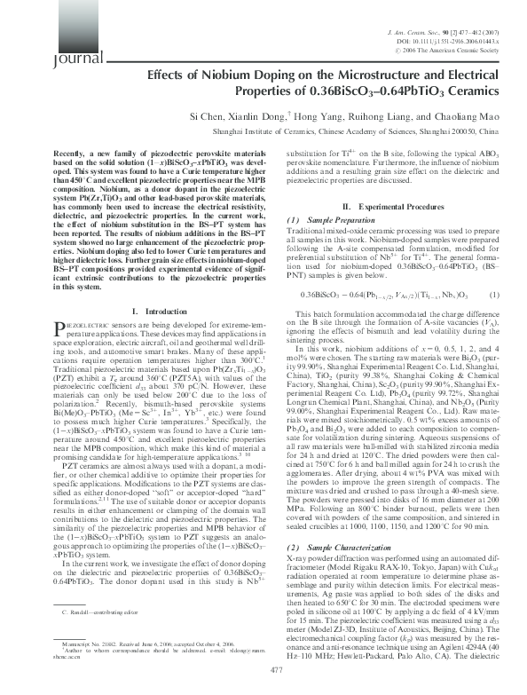 (PDF) Effects of Niobium Doping on the Microstructure and Electrical Properties of 0.36BiScO 3 ...