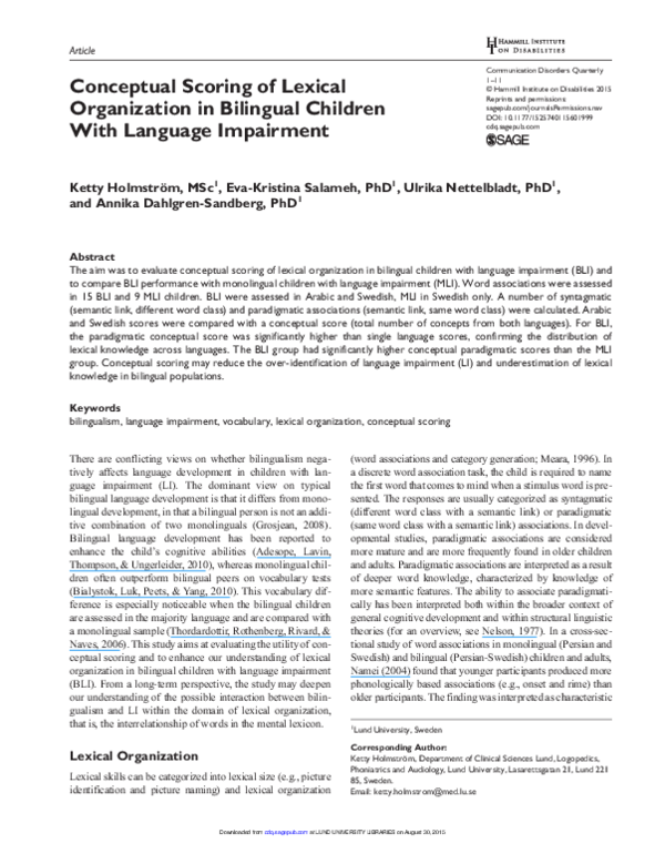 (PDF) Conceptual Scoring of Lexical Organization in Bilingual Children With Language Impairment ...