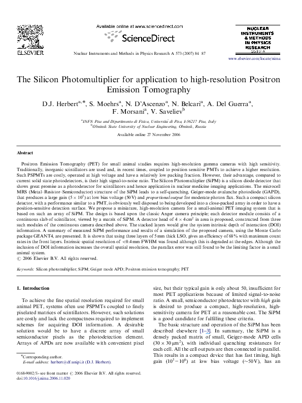 (PDF) The Silicon Photomultiplier for application to high-resolution Positron Emission Tomography