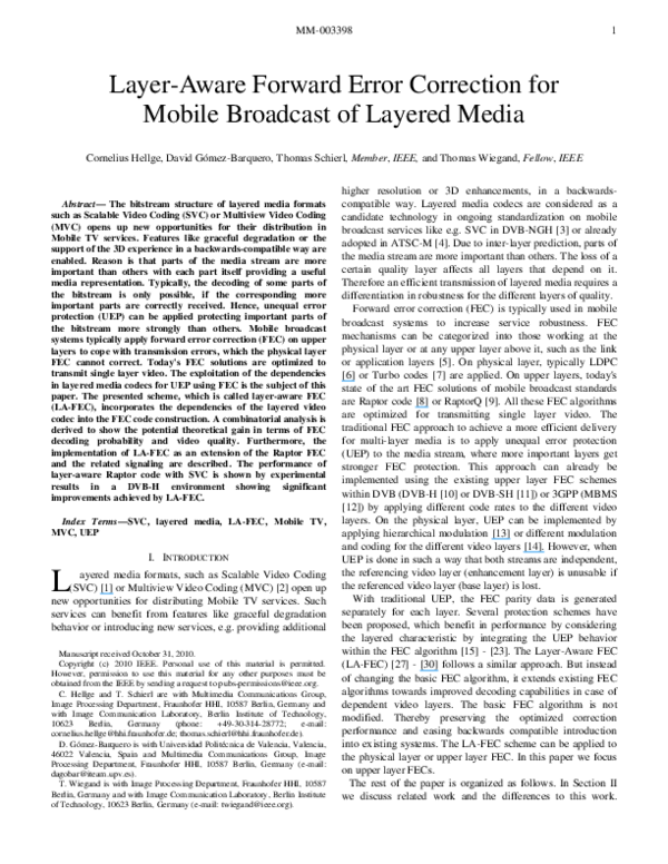 (PDF) Layer-Aware Forward Error Correction for Mobile Broadcast of Layered Media