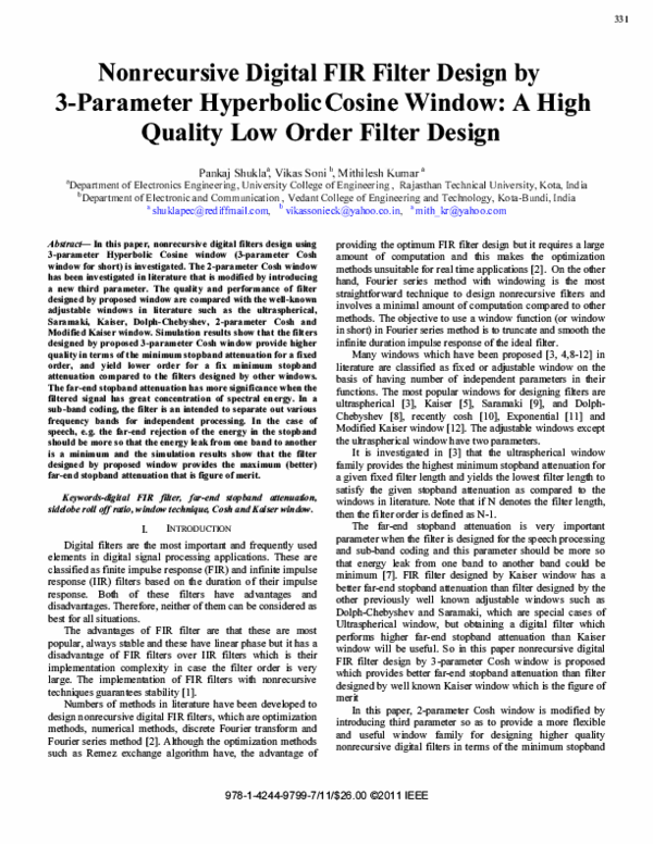 (PDF) Nonrecursive digital FIR filter design by 3-parameter Hyperbolic Cosine window: A high ...