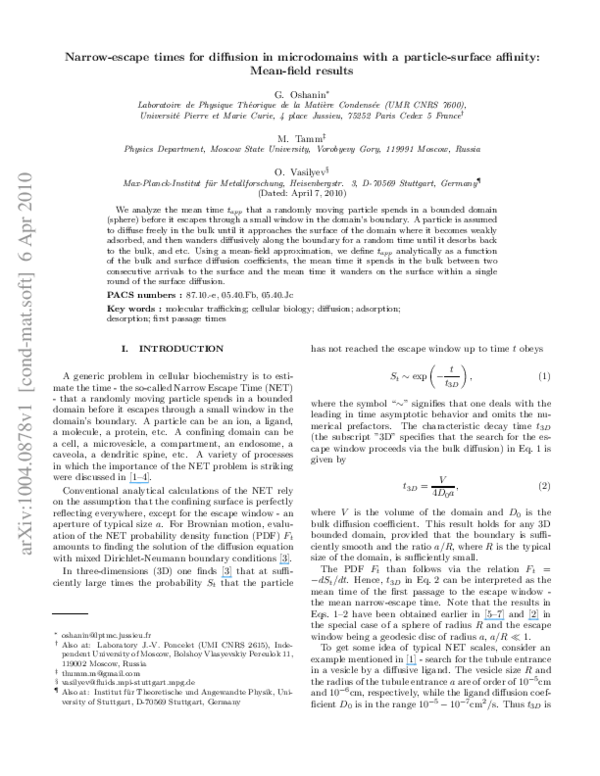 (PDF) Narrow-escape times for diffusion in microdomains with a particle ...