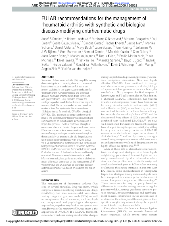 (PDF) EULAR recommendations for the management of rheumatoid arthritis ...