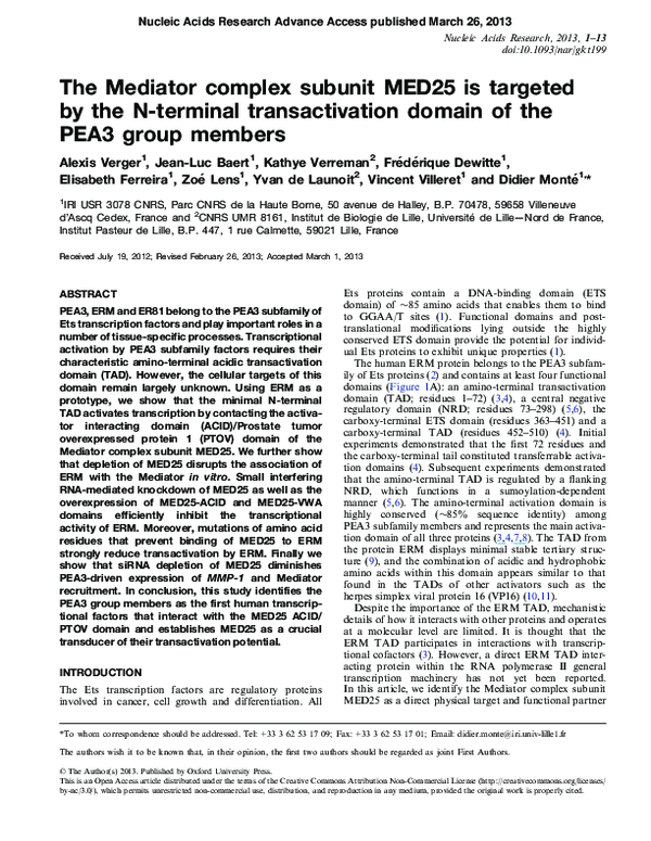 (PDF) The Mediator complex subunit MED25 is targeted by the N-terminal ...