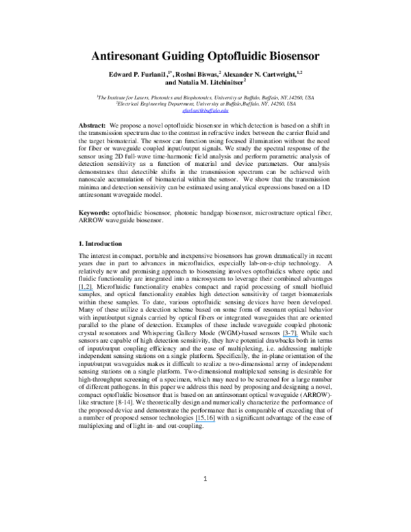 (PDF) Antiresonant guiding optofluidic biosensor