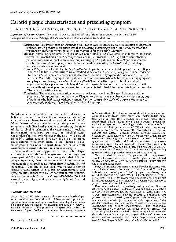 (PDF) Carotid plaque characteristics and presenting symptom | Jonathan ... (PDF) Carotid plaque characteristics and presenting symptom | Jonathan ...