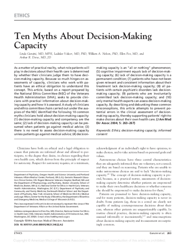 (PDF) Ten Myths About Decision-Making Capacity