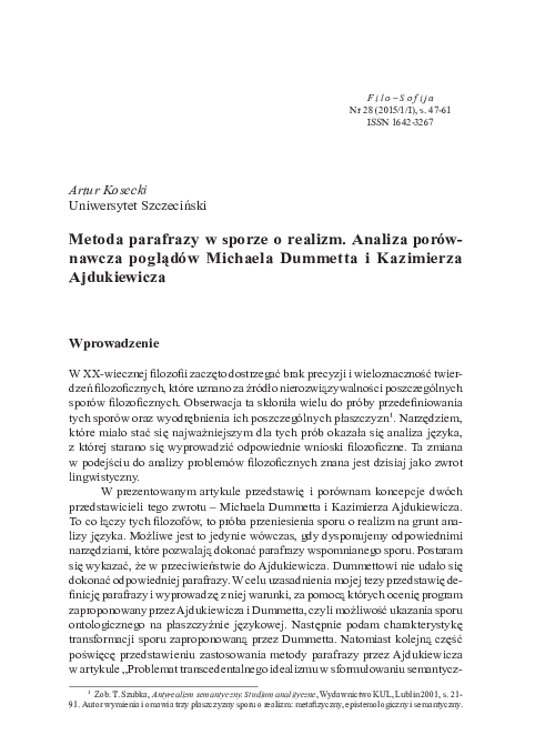 (PDF) Metoda parafrazy w sporze o realizm. Analiza porównawcza poglądów ...