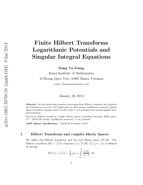 (PDF) Finite Hilbert Transforms Logarithmic Potentials and Singular Integral Equations | Dang ...