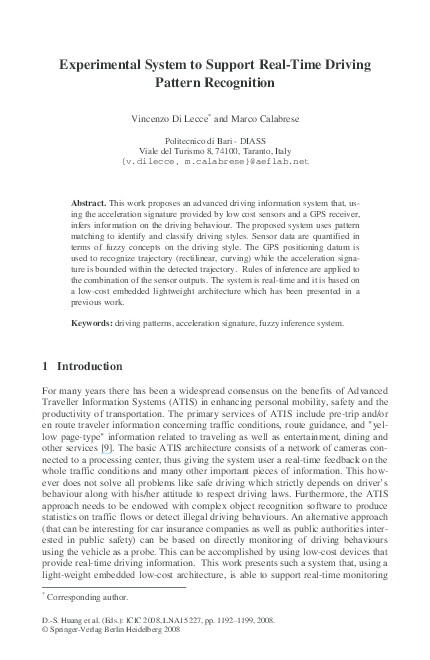 Pdf Experimental System To Support Real Time Driving Pattern Recognition
