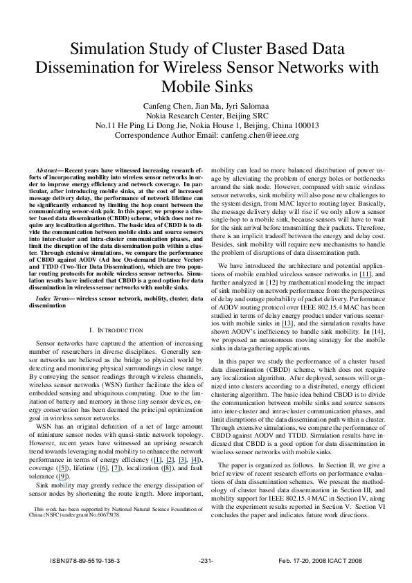 (PDF) Simulation Study of Cluster Based Data Dissemination for Wireless Sensor Networks with ...