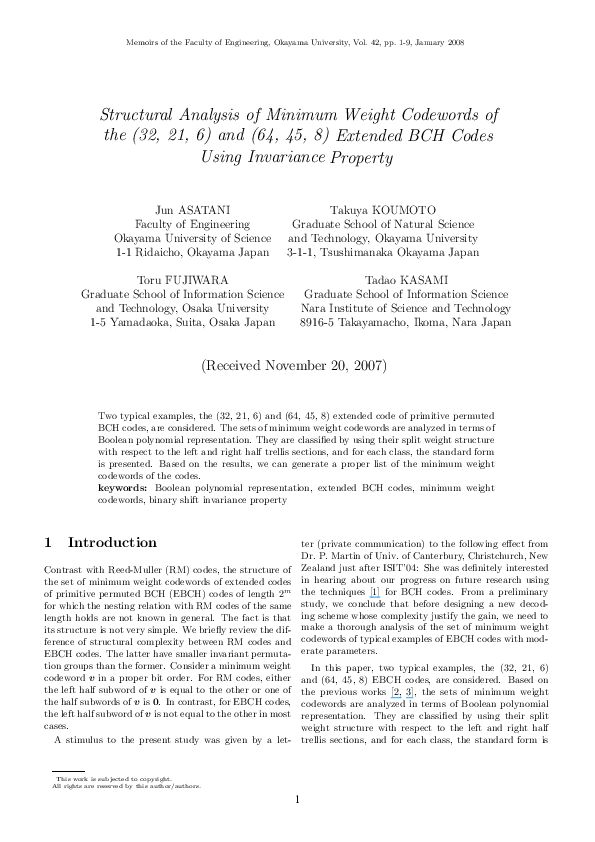 Pdf Structural Analysis Of Minimum Weight Codewords Of The 32 21 6 And 64 45 8