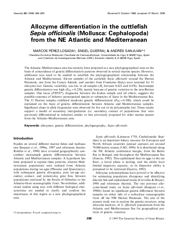(PDF) Allozyme differentiation in the cuttlefish Sepia officinalis ...