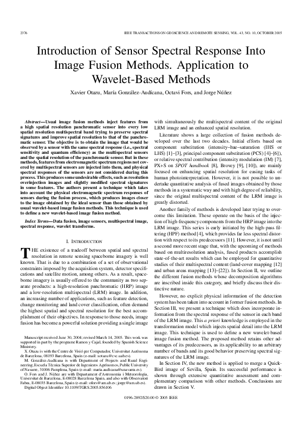 (PDF) Introduction of sensor spectral response into image fusion methods. Application to wavelet ...