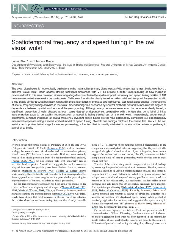 (PDF) Spatiotemporal frequency and speed tuning in the owl visual wulst