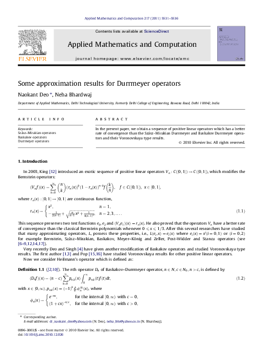 Pdf Some Approximation Results For Durrmeyer Operators Naokant Deo