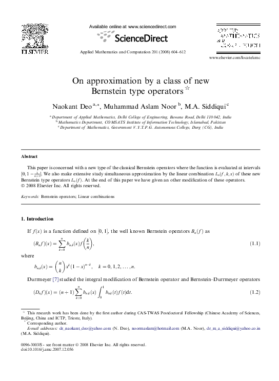 Pdf On Approximation By A Class Of New Bernstein Type Operators