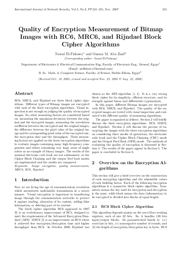 (PDF) Quality of Encryption Measurement of Bitmap Images with RC6, MRC6, and Rijndael Block ...