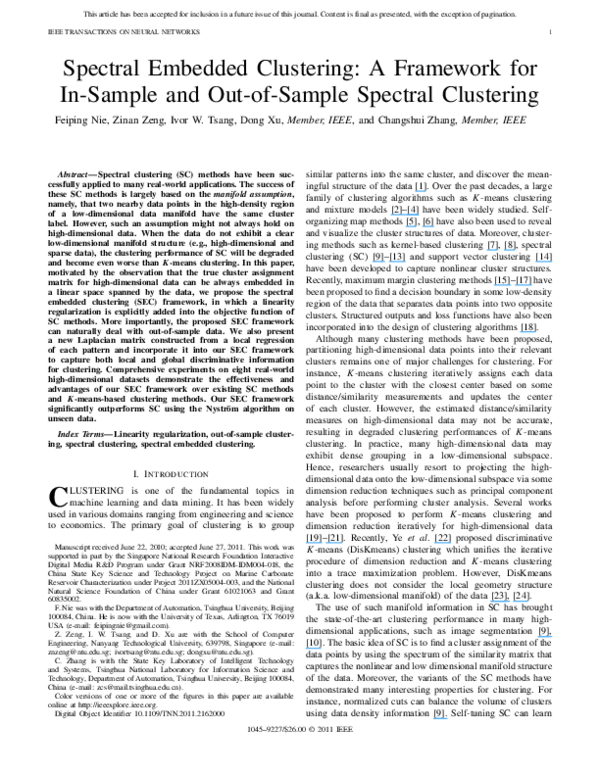 Pdf Spectral Embedded Clustering A Framework For In Sample And Out Of Sample Spectral Clustering