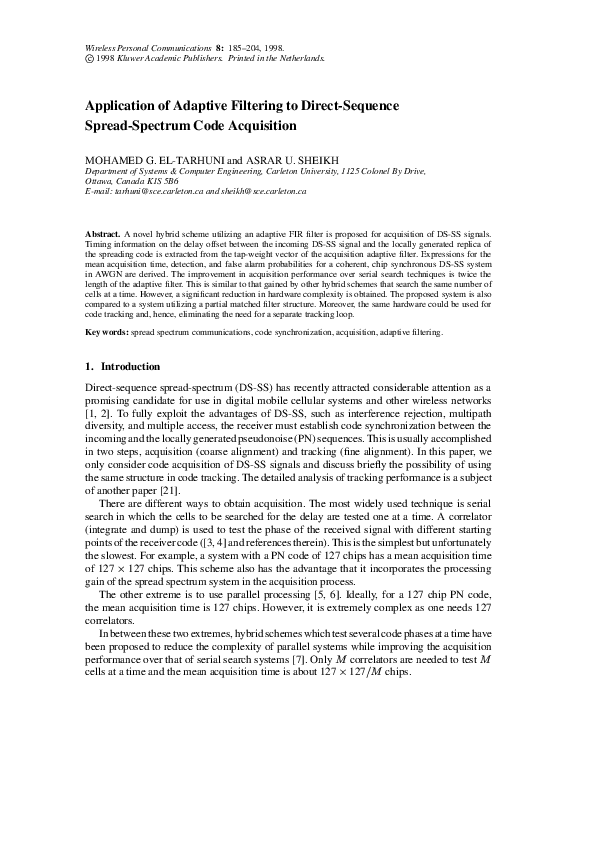 (PDF) Application of Adaptive Filtering to Direct-Sequence Spread-Spectrum Code Acquisition