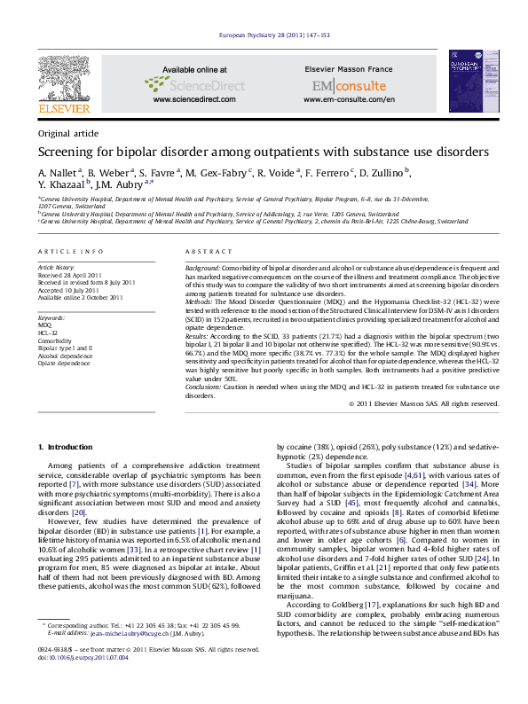 (PDF) Screening for bipolar disorder among outpatients with substance ...