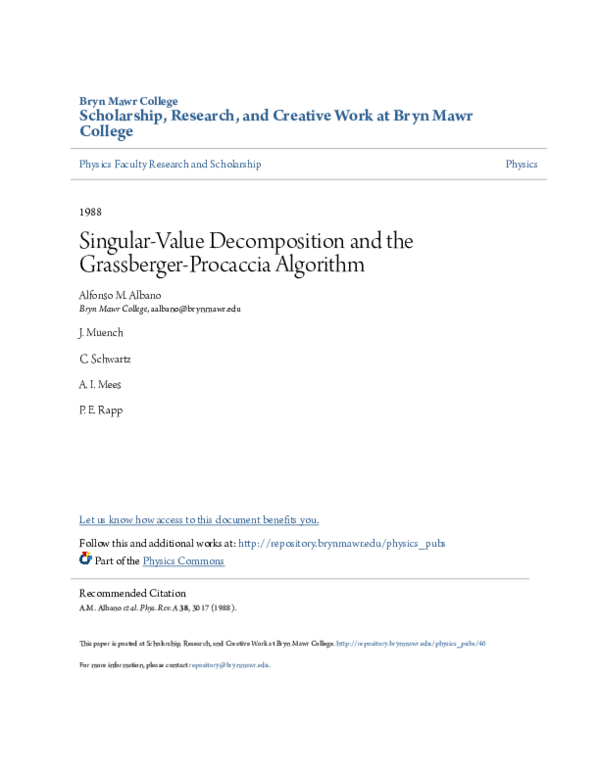 (PDF) Singular-value decomposition and the Grassberger-Procaccia algorithm