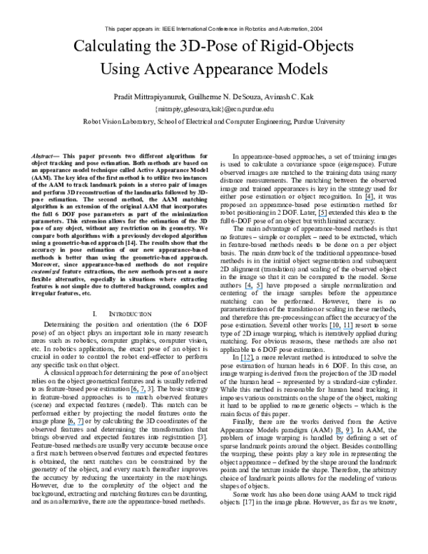 Pdf Calculating The 3d Pose Of Rigid Objects Using Active Appearance Models