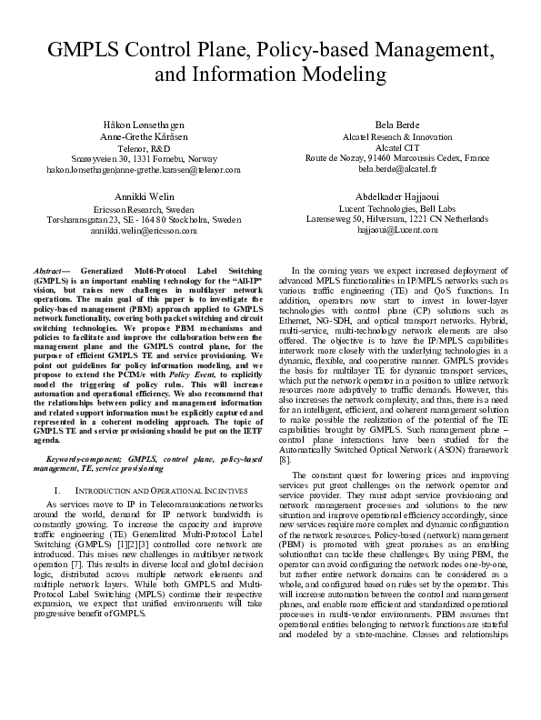 (PDF) GMPLS Control Plane, Policy-Based Management, and Information Modeling