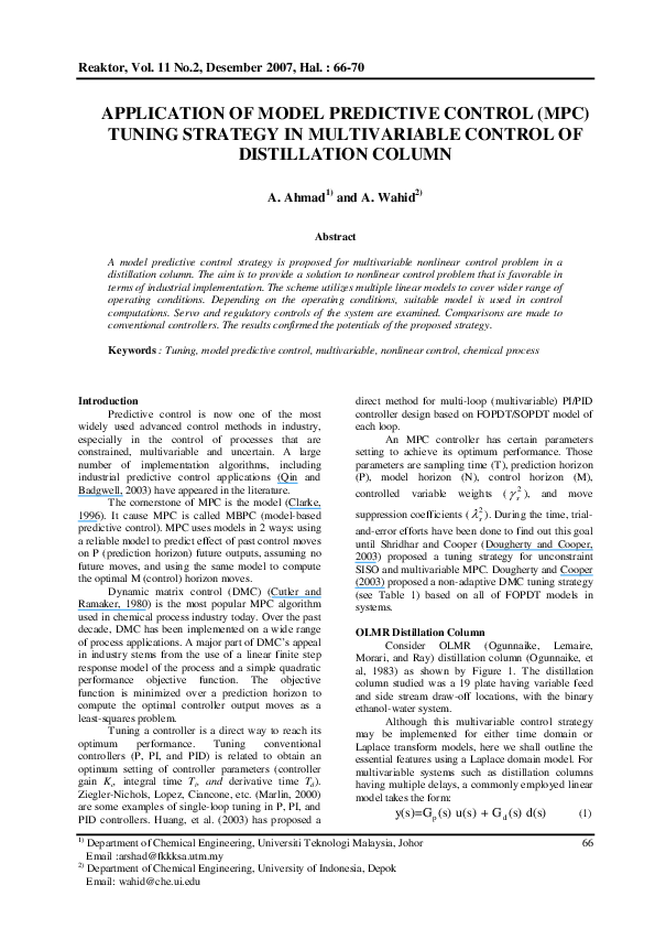 Pdf Application Of Model Predictive Control Mpc Tuning Strategy In Multivariable Control Of