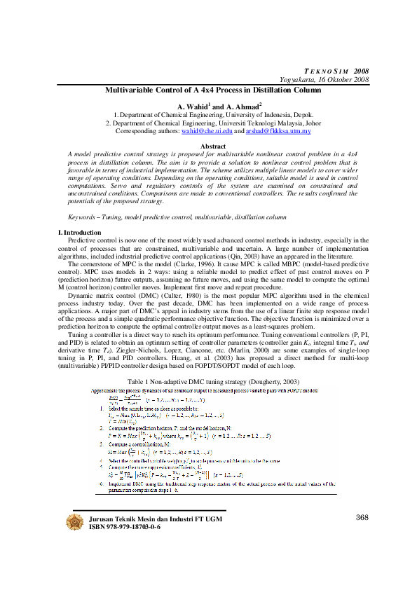 (PDF) Multivariable Control of A 4x4 Process in Distillation Column
