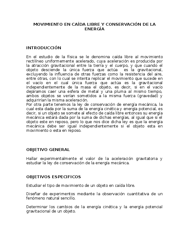 (DOC) MOVIMIENTO EN CAÍDA LIBRE Y CONSERVACIÓN DE LA ENERGÍA