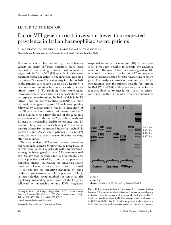 (PDF) Factor VIII gene intron 1 inversion: lower than expected ...