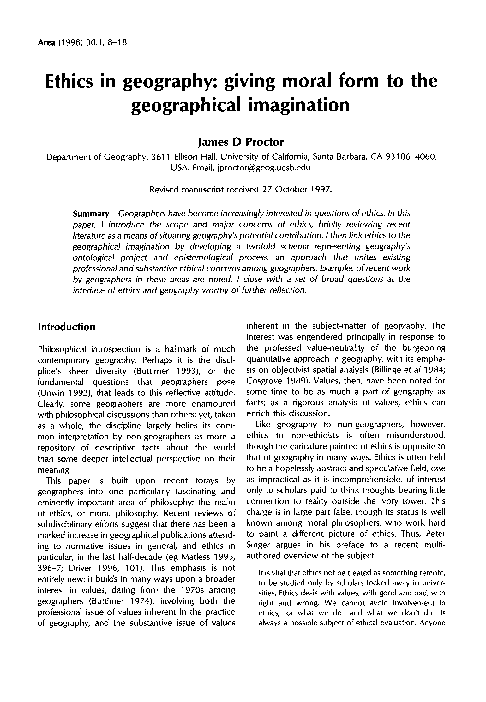 (PDF) Ethics in geography: giving moral form to the geographical ...