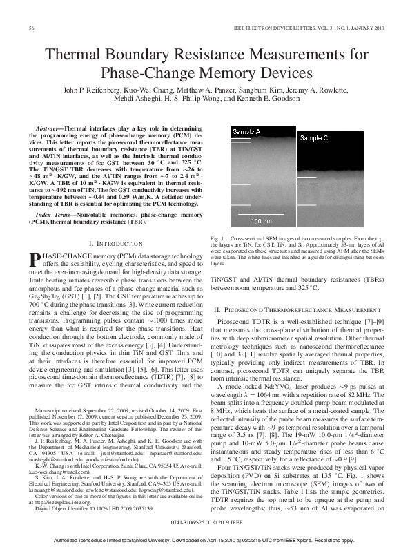 (PDF) Thermal Boundary Resistance Measurements for Phase-Change Memory Devices | John Reifenberg ...