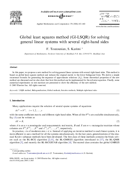 Pdf Global Least Squares Method Gl Lsqr For Solving General Linear Systems With Several