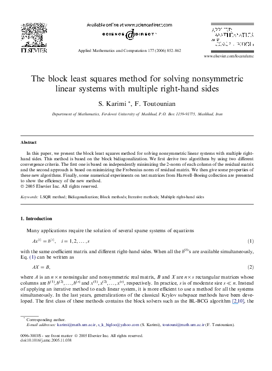 Pdf The Block Least Squares Method For Solving Nonsymmetric Linear Systems With Multiple Right