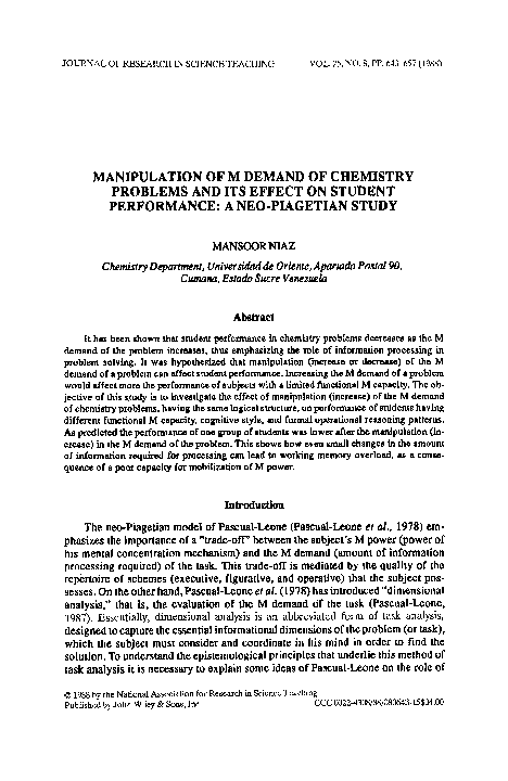 (PDF) Manipulation of M demand of chemistry problems and its effect on student performance: A ...