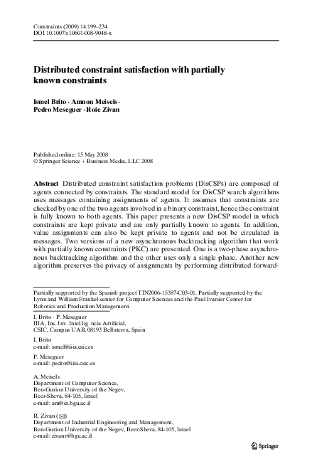(PDF) Distributed constraint satisfaction with partially known constraints