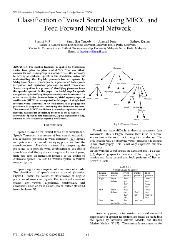 (PDF) Classification of vowel sounds using MFCC and feed forward Neural Network