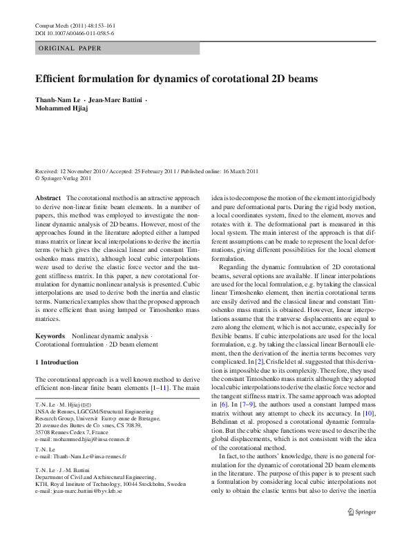 (PDF) Efficient formulation for dynamics of corotational 2D beams