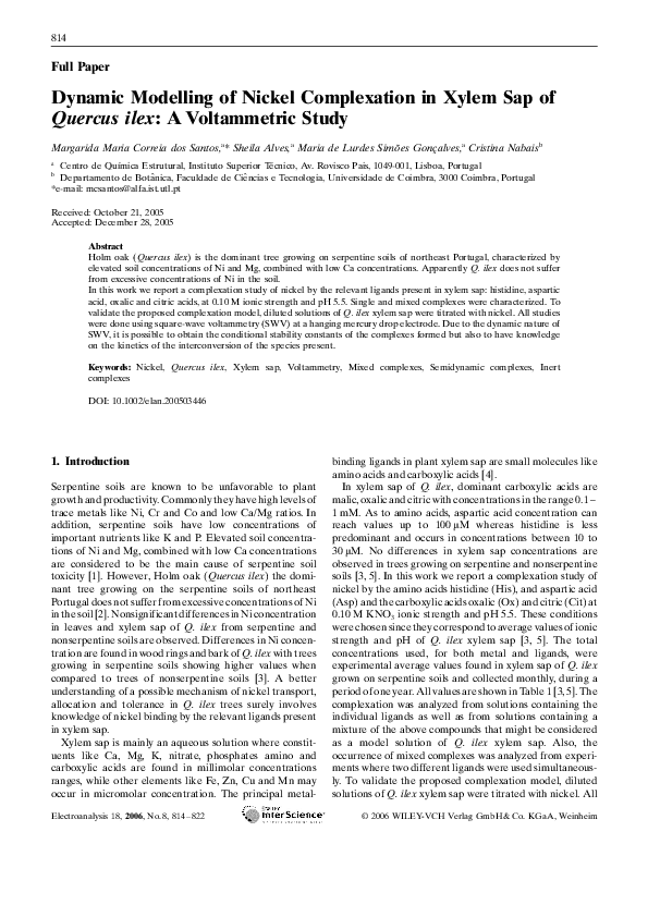 (PDF) Dynamic Modelling of Nickel Complexation in Xylem Sap ofQuercus ...