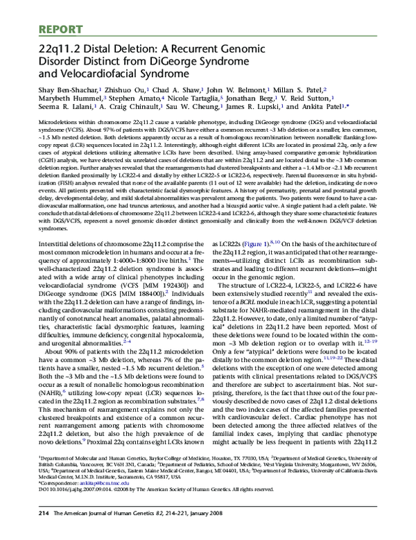 (PDF) 22q11.2 Distal Deletion: A Recurrent Genomic Disorder Distinct from DiGeorge Syndrome and ...