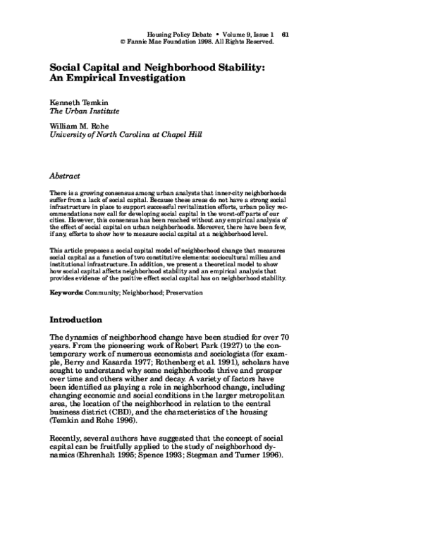 (PDF) Social capital and neighborhood stability: An empirical investigation