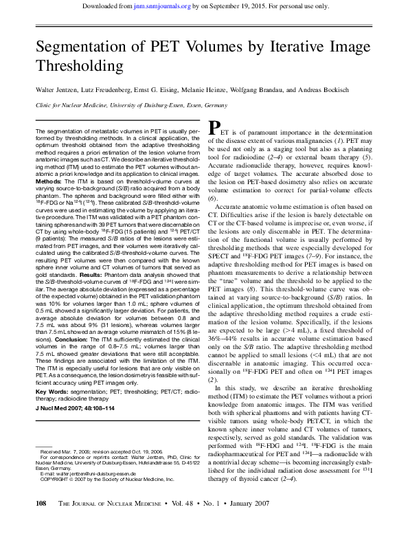 (PDF) Segmentation of PET volumes by iterative image thresholding