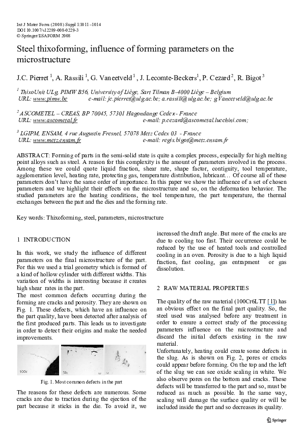 (PDF) Steel thixoforming, influence of forming parameters on the ...
