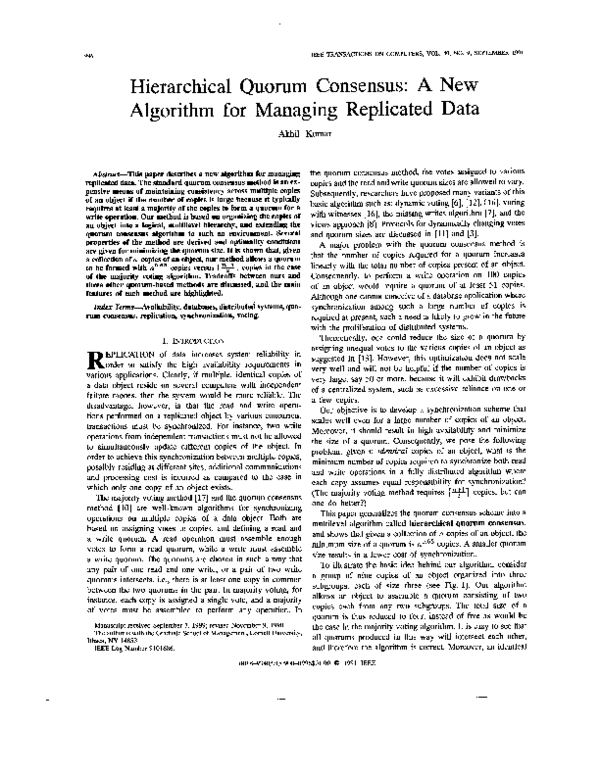 Pdf Hierarchical Quorum Consensus A New Algorithm For Managing Replicated Data