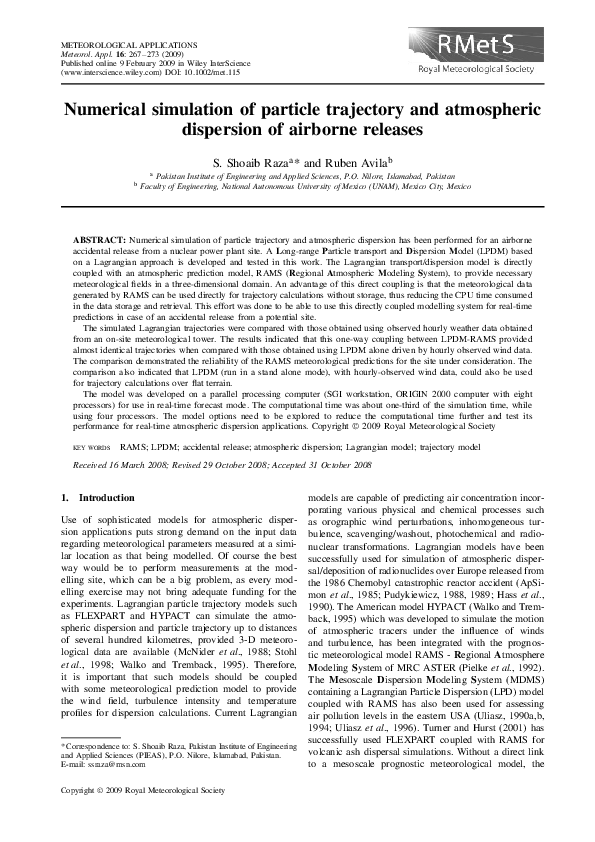 (PDF) Numerical simulation of particle trajectory and atmospheric dispersion of airborne releases